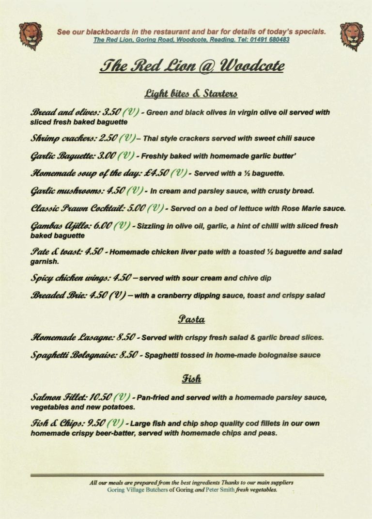 Menu - Red Lion Woodcote