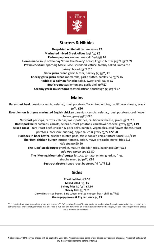 Menus - Red Lion Woodcote