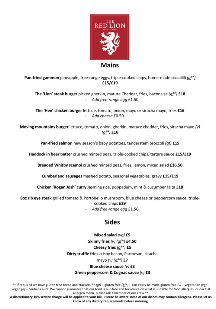 Menus - Red Lion Woodcote
