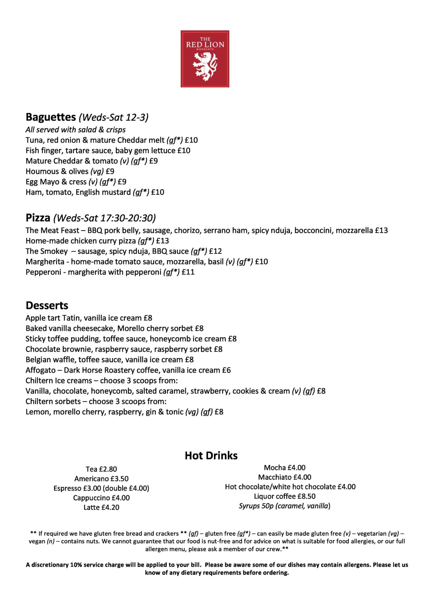 Menus - Red Lion Woodcote